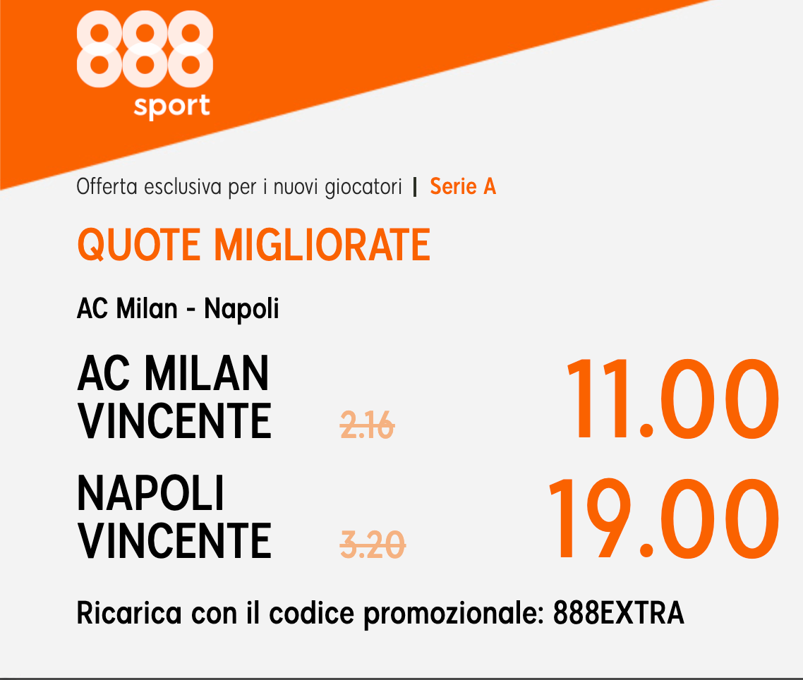 888Sport - Quote maggiorate Milan vs Napoli del 18/09/2022